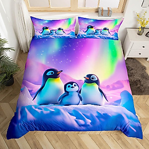 3 Pieces Penguin Duvet Cover Not Comforter,Antarctic Animals Cute Penguin Family Bedding Set for Room Decor,Dreamy Aurora Colorful Starrt Sky All Season Bedding with Zipper Closure Full