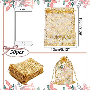 PH PandaHall 50pcs 5 x 7 Inches Golden Rose Flower Printed Organza Bags Jewelry Pouch Bags Wedding Favors Bag Organza Drawstring Pouches Wedding Favors Candy Gift Bags