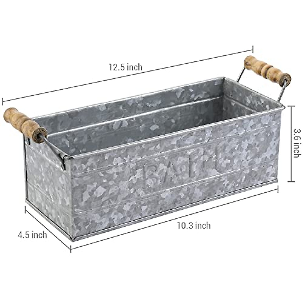 MyGift Galvanized Metal Rectangular Storage Basket with Wooden Handles, Bathroom Toiletries Holder, Organizer Bin with Embossed Bath Label - Handcrafted in India