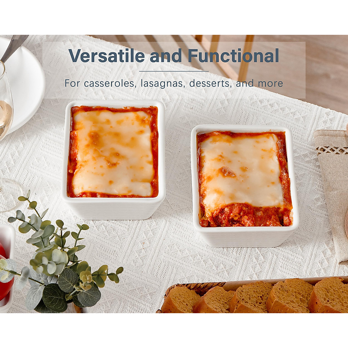 ONEMORE Small Baking Dish, Rectangle Ceramic Baking Dish for Oven, Individual Casserole Dishes for Toaster Oven, 5x7 Small Deep Lasagna Baking Dish, Oven Safe, 1-2 Person Baking Dishes Set of 4, White