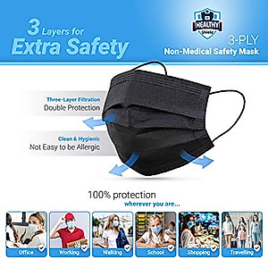 Healthy Shield 50pcs Disposable 3-Ply Safety Face Mask, Comfortable Ear Loop and Breathable, Non-Woven, Mouth Covers, Nose Clip, perfect for Adult, Men, Women, Home, Office, Indoor, Outdoor. (BLACK)