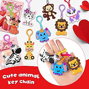 64 Valentines Day Cards with Animal Key Chains, Valentines Exchange Gifts Pendant Greeting Cards for Kids Teacher Prizes Activity Farmland Classroom Party Favors Decorations