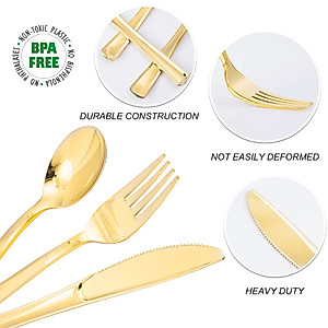 N9R 300PCS Gold Plastic Silverware, Heavy Duty Gold Plastic Cutlery Set Disposable Flatware Dinnerware, 100 Gold Forks, 100 Gold Spoons, 100 Gold Knives, Perfect for Party, Weeding and Daily Use