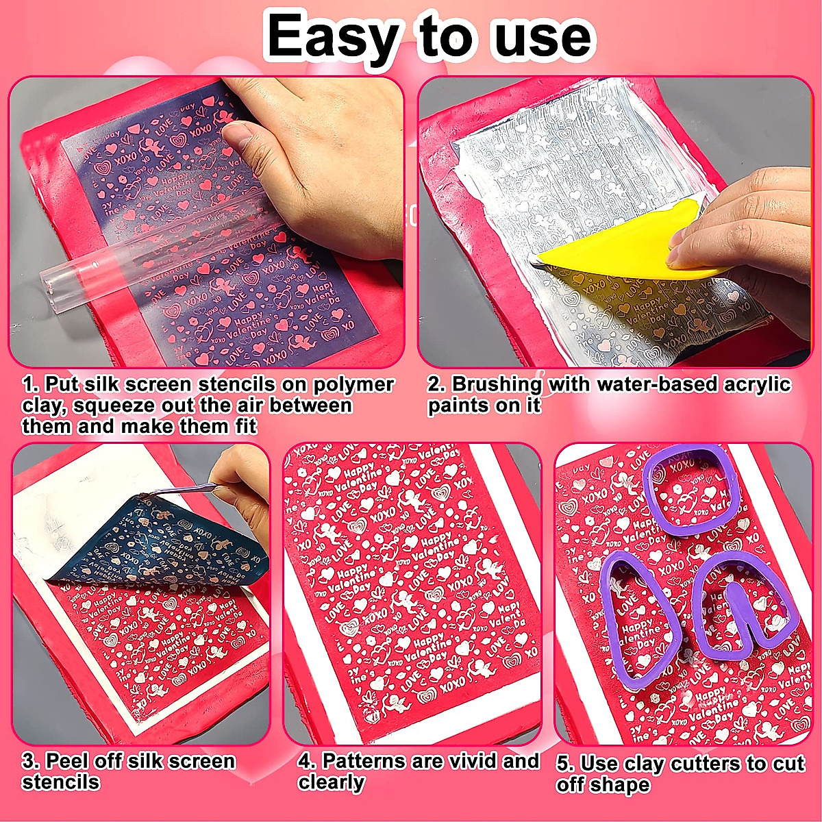 Juome Valentine's Day Silk Screen Stencils for Polymer Clay, 3Pcs Reusable Silk Screens Printing Kit for Polymer Clay Cutters, Polymer Clay Tools for Earring Jewelry Making