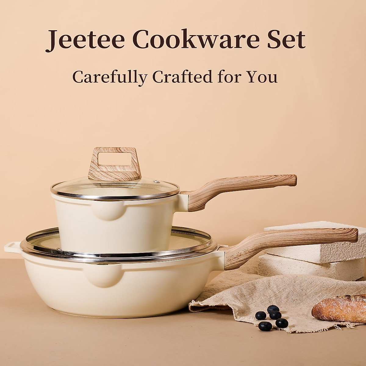 JEETEE Pots and Pans Set Non Stick, White Granite Kitchen Cookware Set, 14 Pcs Induction Cooking Set w/Frying Pans & Saucepans(PFAS/PTFE/PFOS/PFOA Free)