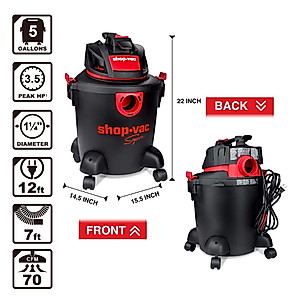 Shop-Vac 5 Gallon 3.5 Peak HP Wet/Dry Vacuum, Portable Heavy-Duty Shop Vacuum 3 in 1 Function with Attachments for House, Garage & Workshop, 71-5760588