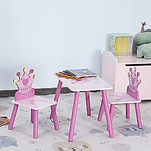 Qaba 3-Piece Kids Wooden Table and Chair Set with Crown Pattern Gift for Girls Toddlers Arts Reading Writing Age 2-4 Years Pink