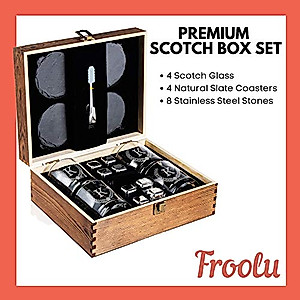 Froolu Personalized Whiskey Glasses Set in Wooden Gift Box - Includes 4 Scotch Glasses, 4 Natural Slate Coasters, 8 Chilling Stones & Tongs - Great Mens Home Bar Gift for Him, Husband, Dad