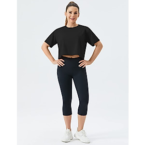 THE GYM PEOPLE Women's Workout Crop Top T-shirt Short Sleeve Boxy Yoga Running Cropped Basic Tee Black