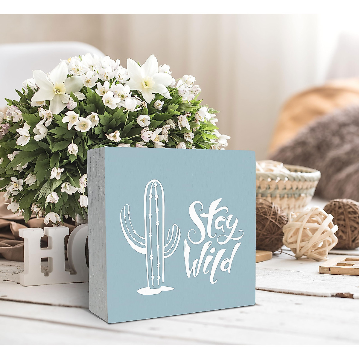 SRADMO Stay Wild Retro Western Country Cactus Wood Box Sign Desk Decor，Wild West Wooden Block Box Sign Decoration For Western Home Shelf Table Decor