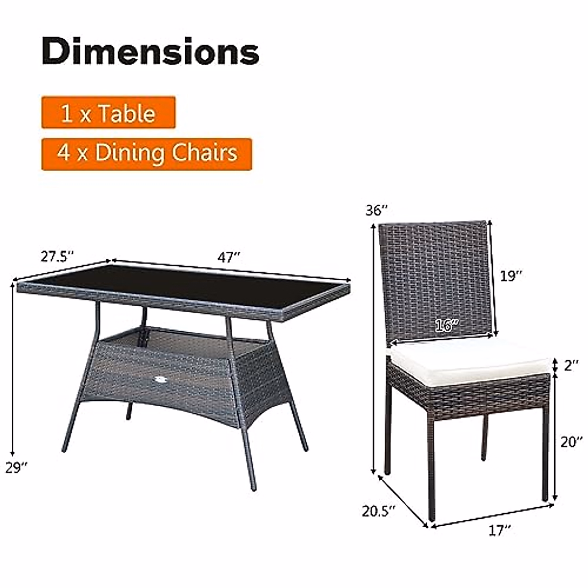 LHLLHL 5 PCS Patio Rattan Dining Set Glass Table High Back Chair Garden Deck Mix Brown