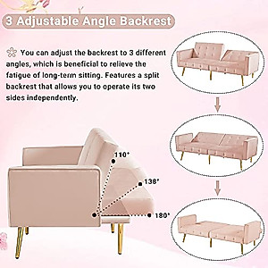 Antetek 76-inch Velvet Futon Sofa Bed Convertible Sleeper Sofa Couch, Upgrade Button Tufted Oversized Loveseat Sofa with 3 Adjustable Positions and 6 Metal Legs for Living Room Bedroom Office, Pink