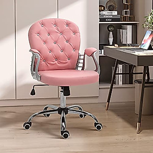 Vinsetto PU Leather Home Office Chair, Button Tufted Desk Chair with Padded Armrests, Adjustable Height and Swivel Wheels, Pink