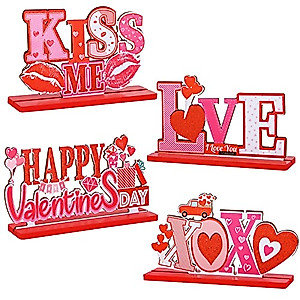 Fovths 4 Pack Valentine's Day Table Centerpiece Signs Wooden Table Decorations Happy Valentines Day Desktop Signs Love Kiss Me XOXO for Valentine's Day Anniversary Wedding Party Decors Gifts