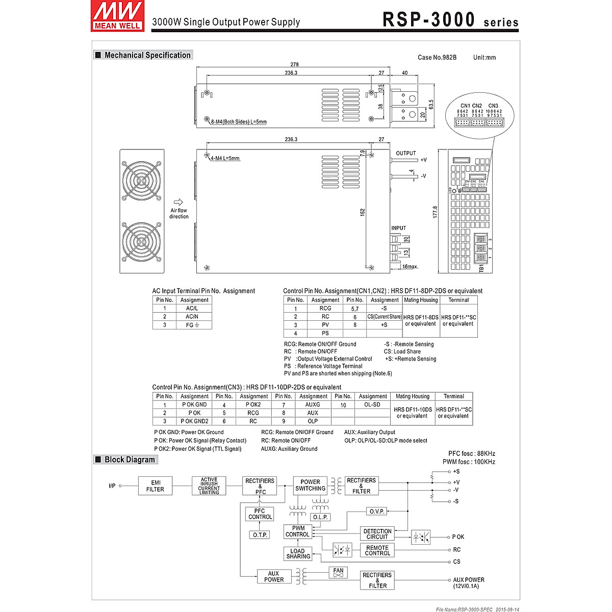 MW Mean Well RSP-3000-24 24V 125A 3000W Single Output with PFC Function Power Supply