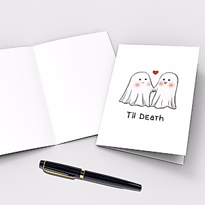 Qiliji Cute Ghost Wedding Card, Halloween Anniversary Card for Couple, Bridal Shower Card for Bride, Engagement Card for Friend, Valentine's Day Card for Husband Wife, Til Death Greeting Card