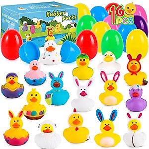 16pcs Prefilled Easter Eggs with Rubber Duck Inside Easter Basket Stuffers Fun Squeeze Duckies Bunny Bathtub Toys for Kids, Party Favors Gift