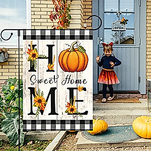 Louise Maelys Home Sweet Home Fall Garden Flag 12x18 Double Sided Vertical, Small Burlap Fall Farmhouse Rustic Buffalo Check Plaid Pumpkin Sunflower Garden Yard Flags Autumn Thanksgiving Outdoor Outside Home Decoration (ONLY FLAG)