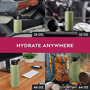 FineDine Triple Walled, Insulated Water Bottles with Straw - 25 Oz Stainless Steel Metal Bottle W/ 3 Leak Proof Lids - For Travel, School, Sports, Gym / Men, Women & Kids - Army Green