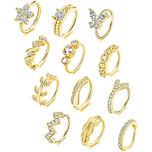 Akeoqi 12Pcs Nose Ring Hoop Cartilage Earring Cute Leaf Star CZ Butterfly Paved Nose Piercing Jewelry 20G for Women men Gold Tone