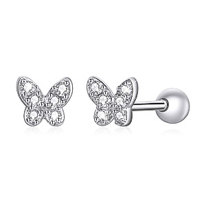 BISAER 925 Sterling Silver Tiny Butterfly Earrings With Screw Back Cubic Zirconia Stud Earrings for Women Cartilage Jewelry
