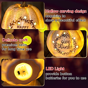 Fovths 3 Pack Happy Fall White Pumpkin Light Tabletop Decor Set Pumpkin Resin with LED Light Autumn Tabletopper Decorations for Fall Harvest Thanksgiving Party Home Table Decorations