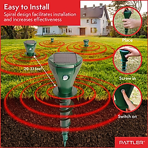 PATTLER® Mole Repellent Solar Powered | Innovative Screw-Shape Design | 8,000 Sq Ft Coverage | Best Snake Repellent for Yard, Great for Getting Rid of Moles and Voles | Gopher Repellent | 2 Units