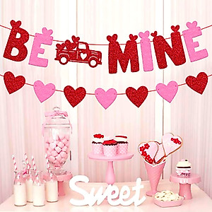Be Mine Banner Valentine's Day Heart Theme Garland Wedding Anniversary Engagement Romantic Bridal Shower Party Glitter Red and Pink Decorations