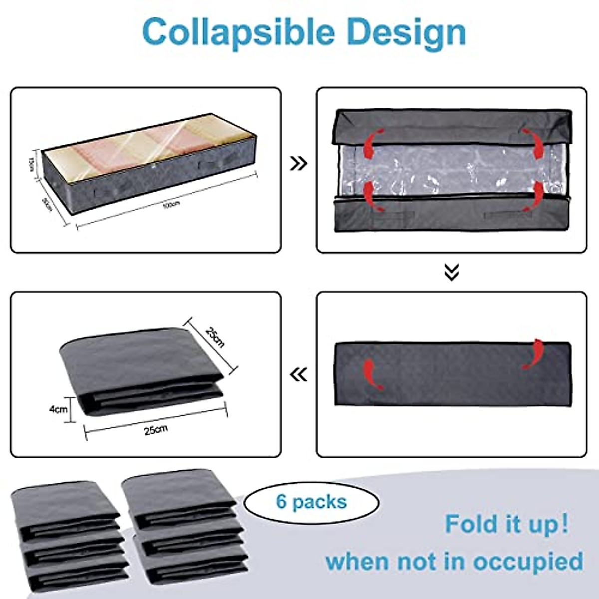 BRANDEGY Under Bed Storage Containers , 6 Pack Storage Bags – Sturdy Fabric, Clear Window and 4 Reinforced Handles – Underbed Storage Containers For Organizing Clothes, Bedding, Toys, Comforter, Towels And Pillows(Grey)