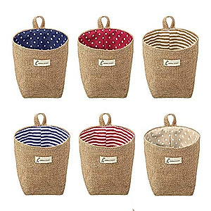 MIAO JIN 6Pcs Mini Hanging Storage Bag, Cotton Linen Wall-Hanging Storage Basket Desktop Storage Collapsible Decor Bin Bag for Wall Door Closet (Stripe,Dot)