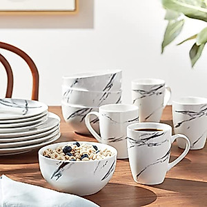 American Atelier Marble Black Coup Casual Round Porcelain Dinnerware Set-16 Piece Party Collection w/ 4 Dinner Salad Plates, 4 Bowls & 4 Mugs, 10.5", White