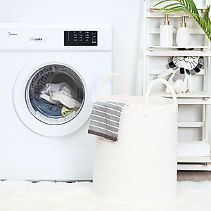 MINTWOOD Design Large 18 x 16 Inches Decorative Woven Cotton Rope Basket, Tall Laundry Basket Hamper, Blanket Basket for Living Room, Storage Baskets for Toys, Towel, Throw, Pillow, Creamy White