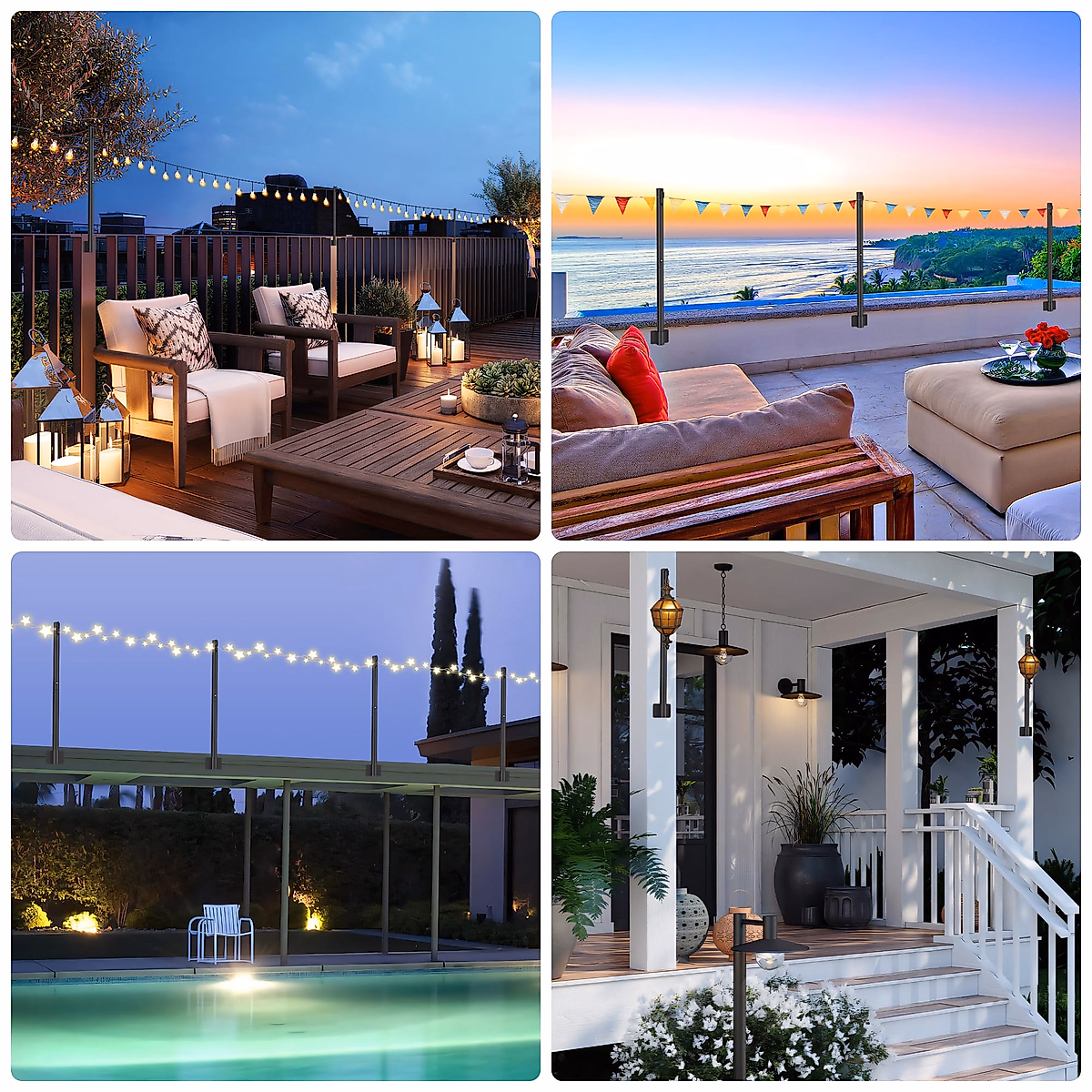 Suchtale 4 Pack 2.8 FT String Light Poles, Suspension Outdoor Fence Post Lights with Clip and Bracket, Outside String Lights Hanging, Wall Mounting Stand for Patio Garden Backyard Wedding Party, Black