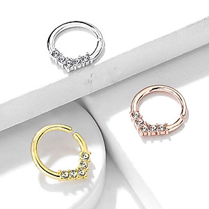 5 CZ Set V Shaped on Round Bendable Cut Ring for Cartilage, Tragus, Septum, and More (Rose Gold)