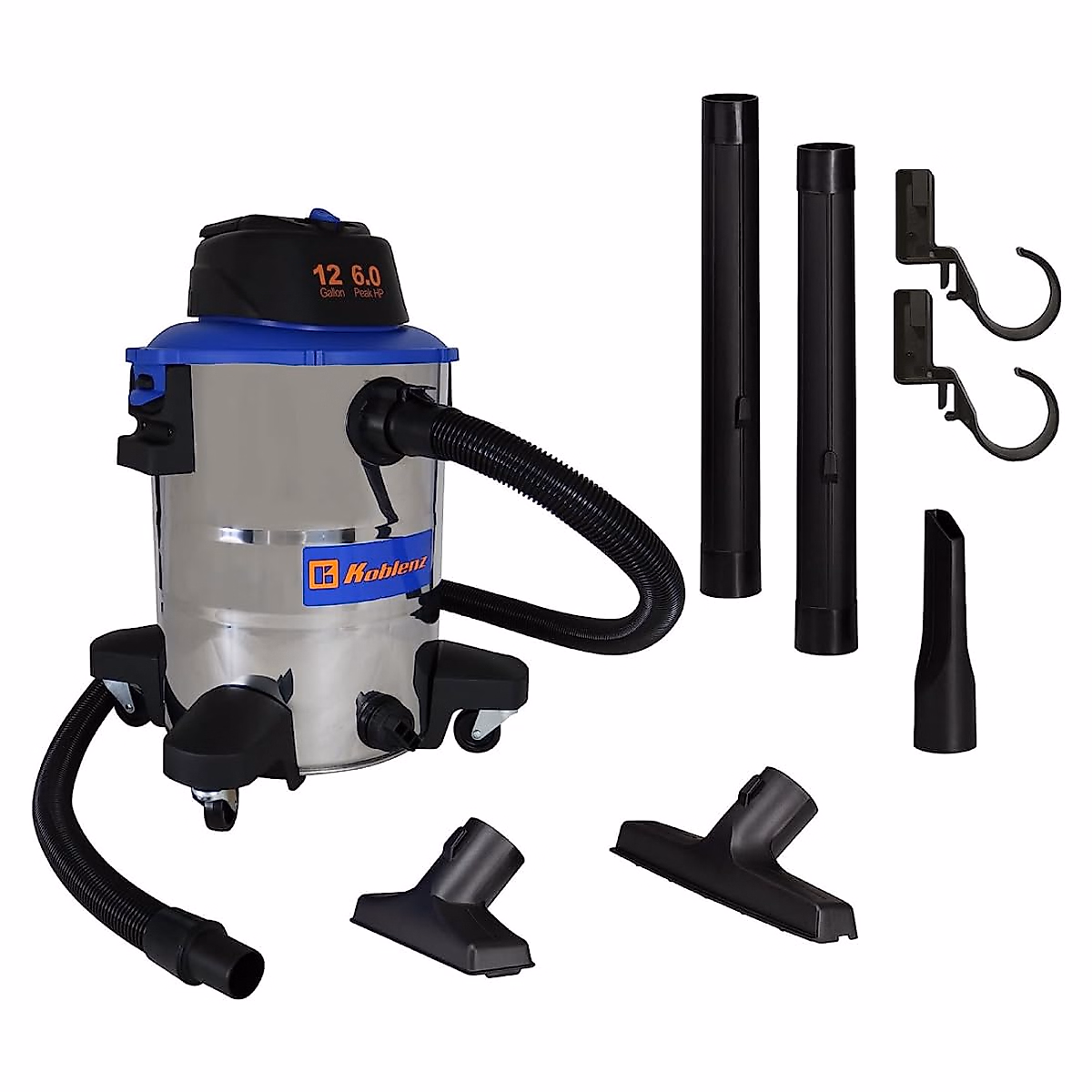 Koblenz WD-12 L314 SS Wet-Dry Vacuum, 12 Gallon Stainless 6.0HP, 1 7/8 x 7 Ft EVA Hose, Stainless+Blue 5 Year Warranty