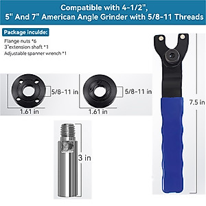 Juvaeny Angle Grinder Wrench 5/8"-11 Angle Grinder Extension Shaft with 6pcs Spanner Flange Grinder Nut, Combo 8Pack Angle Grinder Power Tool Compatible with Dewalt/Milwaukee/Ryobi/Metabo/Bosch