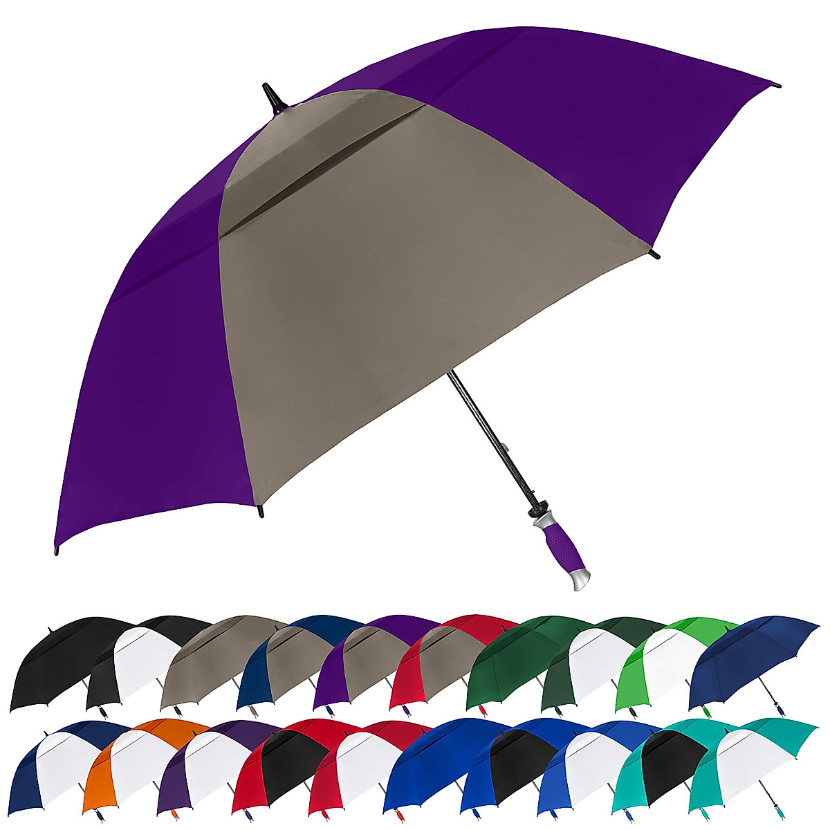 The Typhoon Tamer 62 Inch Vented Windproof Double Canopy Large Golf Umbrella for Rain & Wind, Strong Fiberglass Oversized Lightweight Professional Quality Golfers Umbrella for Men & Women, Gray/Purple