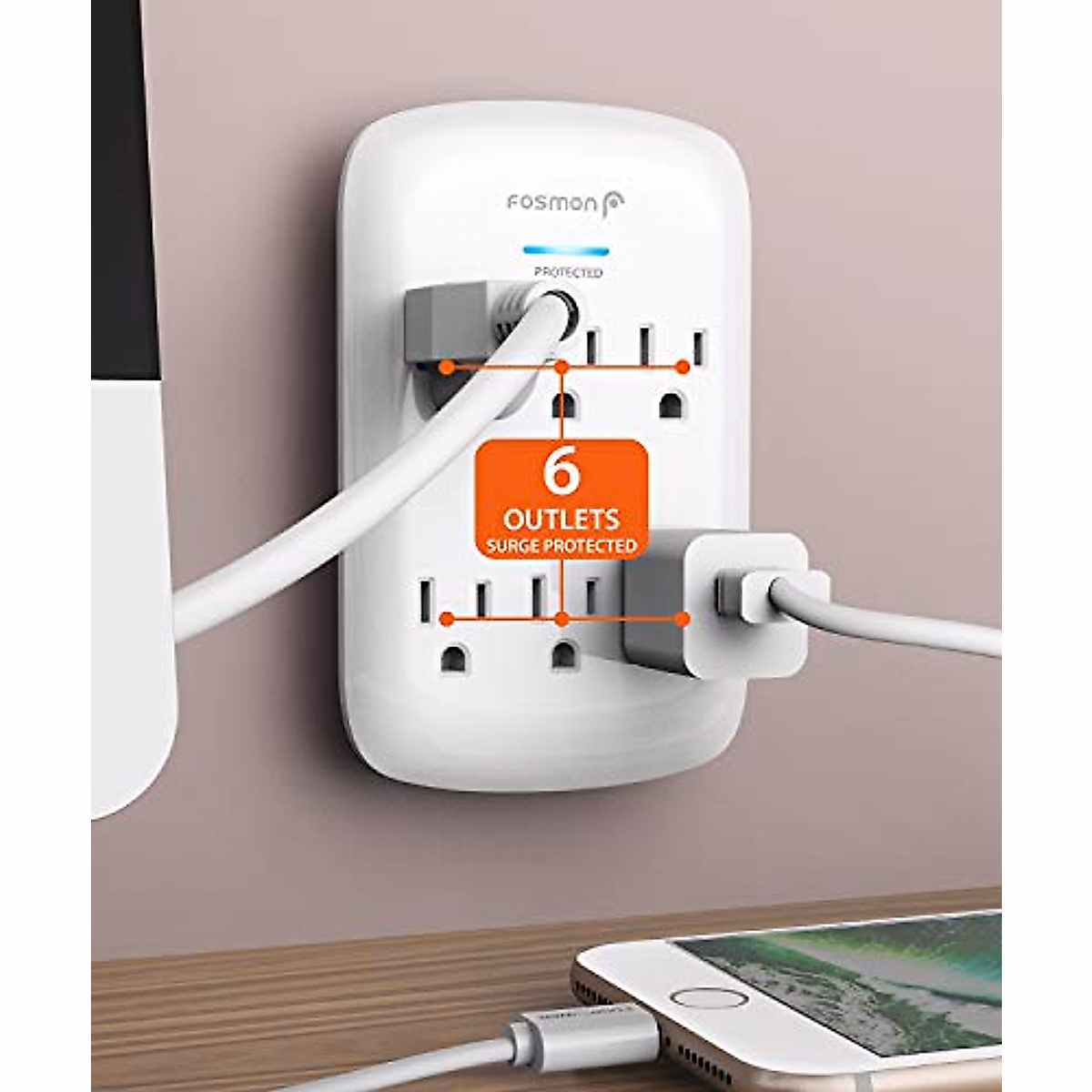 6 Outlet Wall Mount Surge Protector, Fosmon 3-Prong Surge Suppression 1200 Joules, 15A 125VAC 60Hz 1875Watts Wall Outlet Adapter, Grounded LED, ETL Listed - White