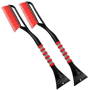 AstroAI 2 Pack 27" Snow Brush and Ice Scrapers for Car Windshield, Detachable Snow Scrapers with Ergonomic Foam Grip for Cars, Trucks, SUVs (Heavy Duty ABS, PVC Brush, Red)