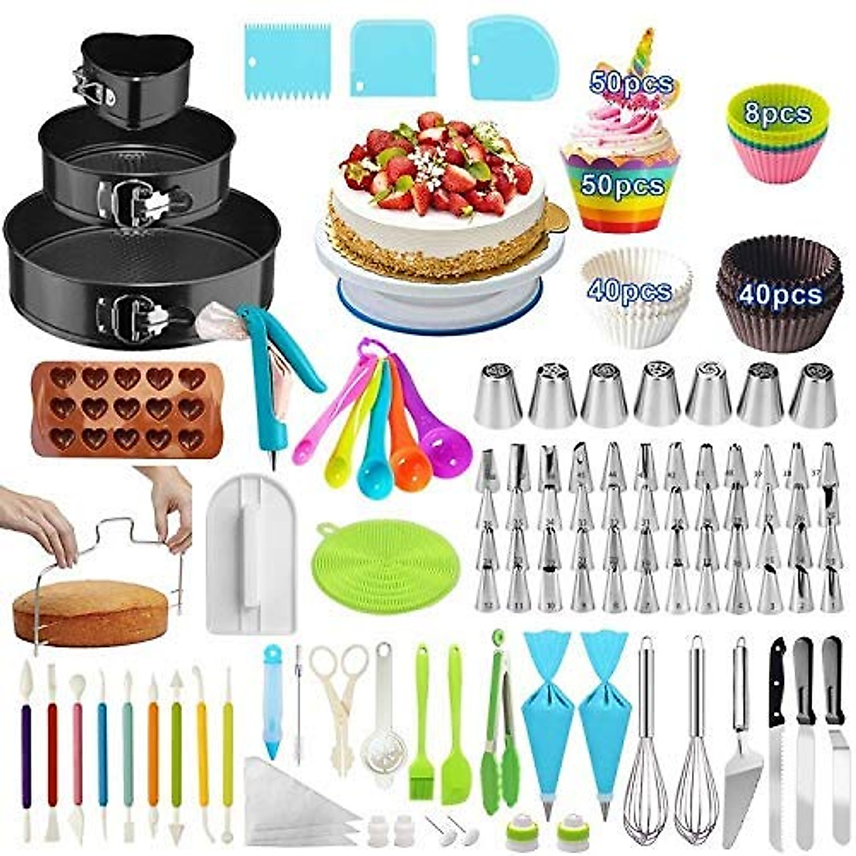 Cake Decorating Supplies,493 PCS Cake Decorating Kit 3 Packs Springform Cake Pans, Cake Rotating Turntable,48 Piping Icing Tips,7 Russian Nozzles, Baking Supplies,Cupcake Decorating Kit