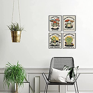 Retro Poster Wall Art Print Retro Frog Posters,Retro Positive Quote, Positive Self Care Mushroom Illustration,Wall Art Canvas for Living Room Bedroom Kids Room Decorate Room Home Decor,Gift.Set of 4(Unframed,8”X10”inches).