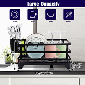FOOBONG Dish Drying Rack with Height-Adjustable Drainboard,Stainless Steel Dish Drainer with Removable Utensil Holder,Space-Saving Dish Racks for Kitchen Counter (1-Tier, Black)