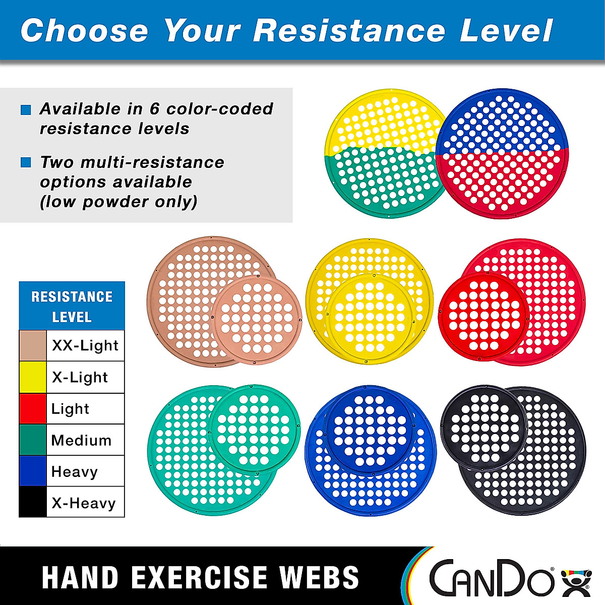 CanDo Hand Exercise Webs for Physical Therapy, Grip Strengthening, and Hand, Finger, Wrist Resistance Workouts, Portable Size, Low Powder, 14" Diameter, Multi-Resistance: X-Light/Medium