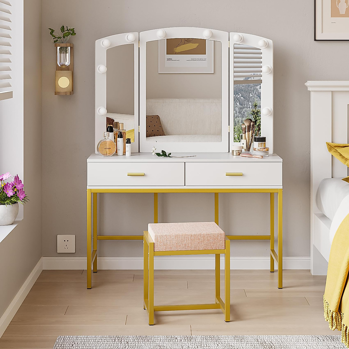 Semiocthome White Makeup Vanity Desk with Mirror and Lights, Make Up Vanity with Power Strip, 39.4" W Vanity Table with 2 Drawers and Stool for Girls, Vanity Set with Gold Metal Frame for Bedroom