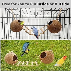 Tfwadmx Natural Coconut Hide with Ladder Perches Hanging Bird House Toy for Cage Parrot Breeding Nest for Gecko Parakeet Lovebird Finch Hamster