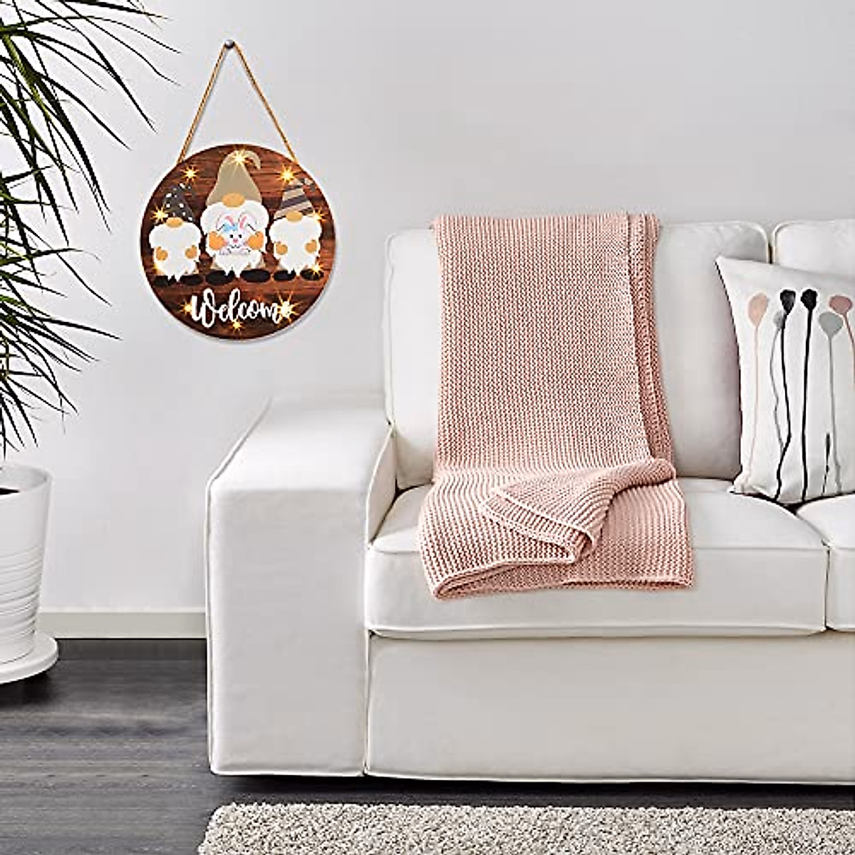 Interchangeable Seasonal Gnome Welcome Sign for Front Door Decor Rustic Wooden Welcome Sign with 10 LED Lights,12 Inches Modern Farmhouse Wall Home Sign for Holiday Halloween Thanksgiving Christmas