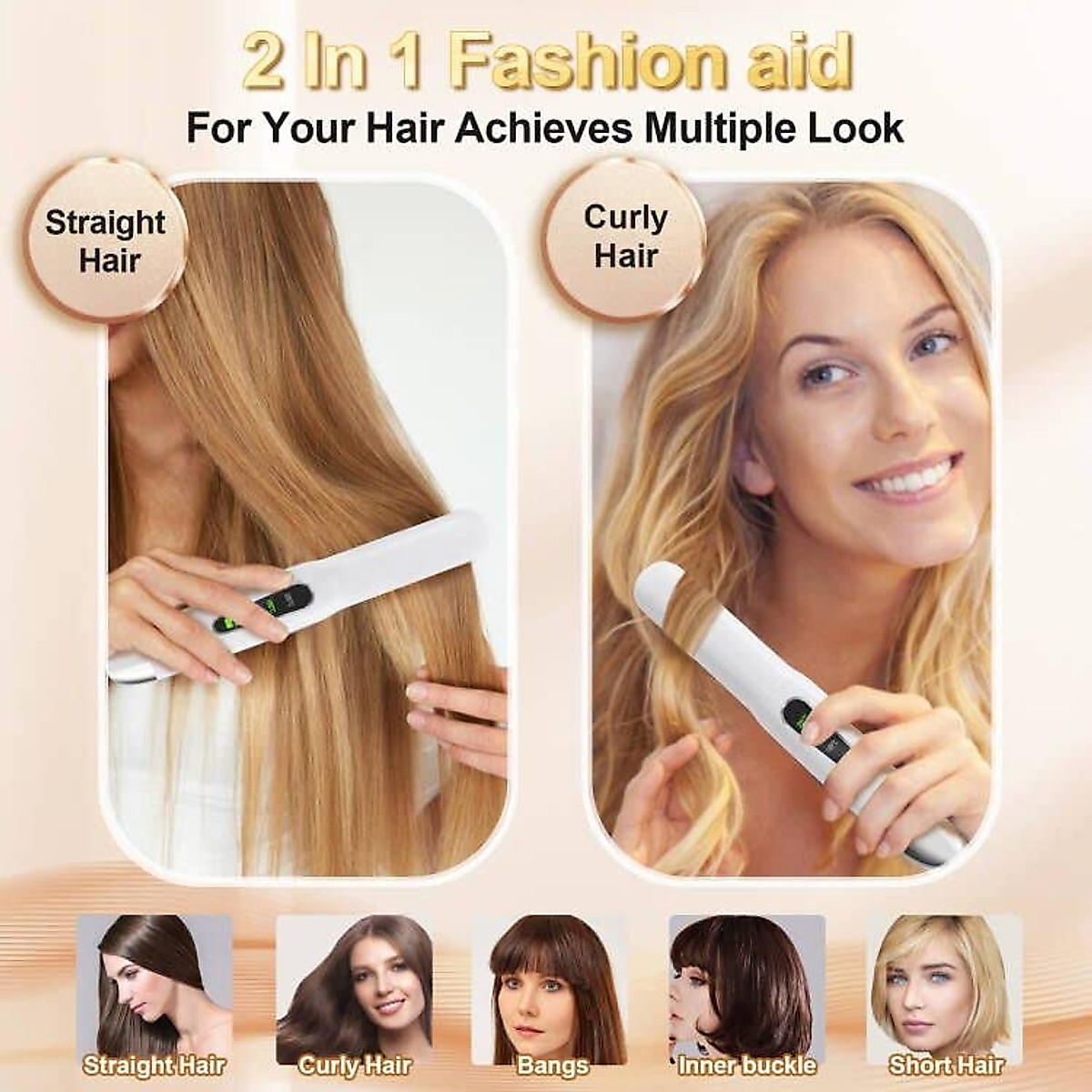 Sunmay Voga Cordless Hair Straightener and Curler 2 in 1, Cordless Travel Flat Iron for Touching Up Short Thin Fine Hair On The Go, Mini Portable Straightener with 4800mAh Battery, Quick Heat Up