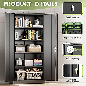 Betterland 72” Metal Storage Cabinet, Lockable File Cabinet with 2 Doors and 4 Adjustabble Shelves,Garage Storage Cabinets for Office, Warehouse, Home, (Black