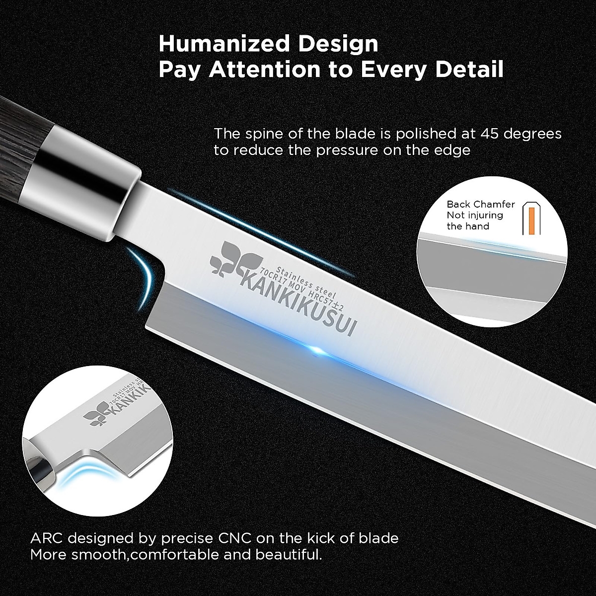 KANKIKUSUI Sashimi Knife, 9.3" Sushi Knife Set with Sharpener/Gift Box, HC70cr17mov Yanagiba Knife