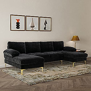Homtique U Shaped Sectional Couch,Modern Large Modular Sectional Sofa for Living Room,Chenille Fabric Oversized Couch with Chaise Lounge and Golden Legs (Black)